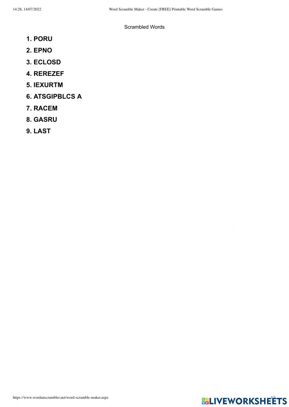 Unscramble English as a Second Language (ESL) worksheet | Live Worksheets