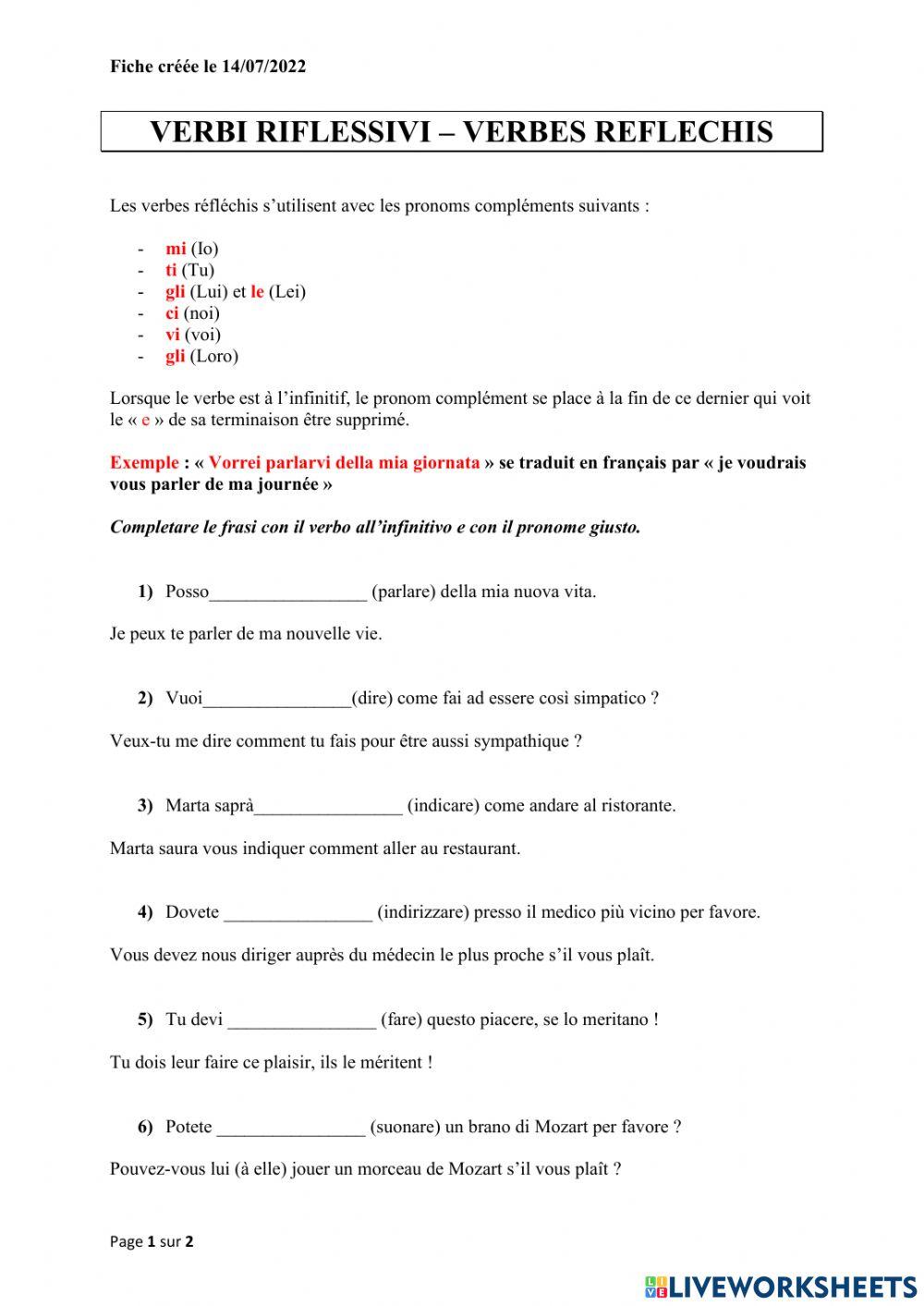 Verbi riflessivi all'infinitivo worksheet | Live Worksheets