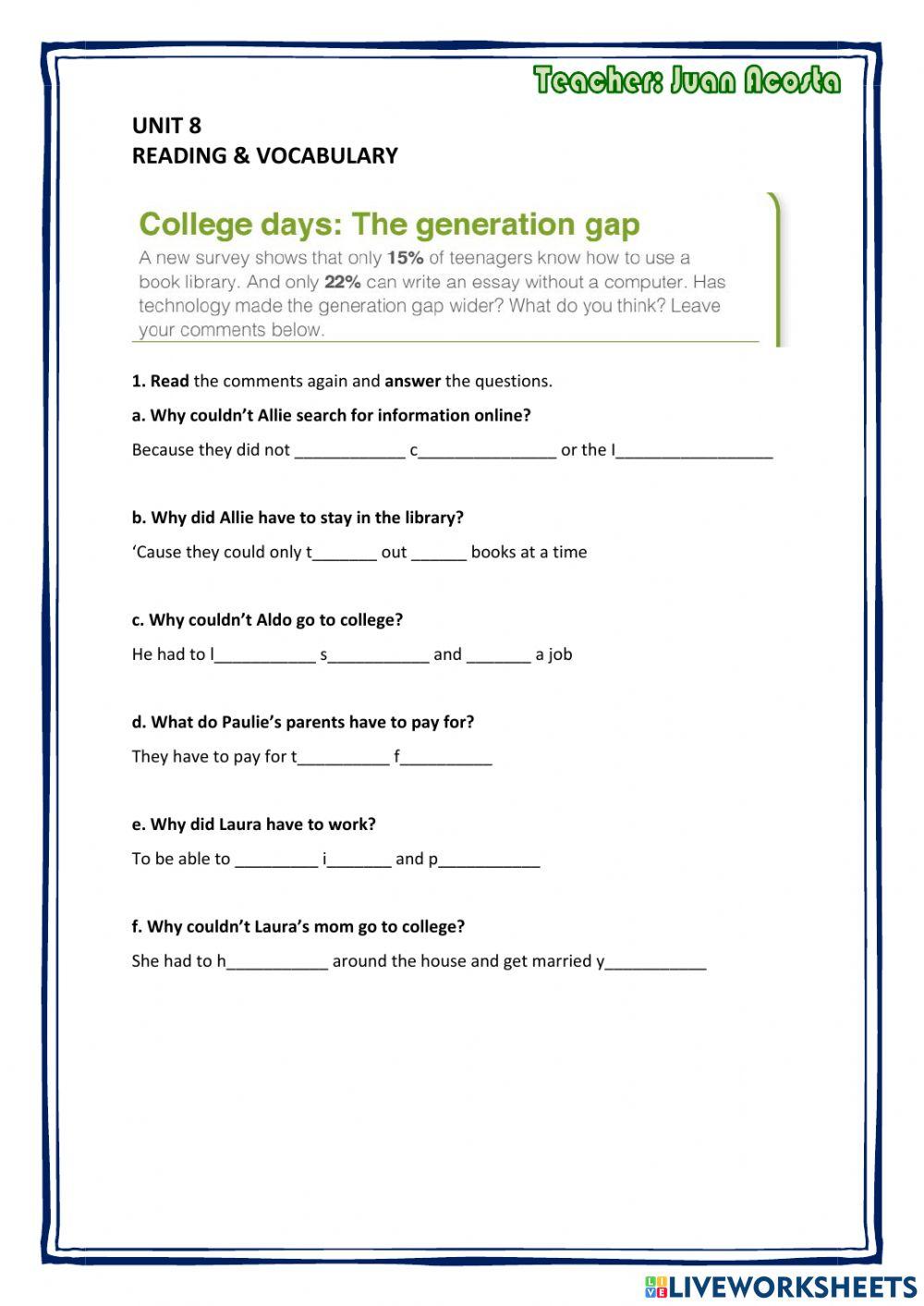 generation gap worksheet