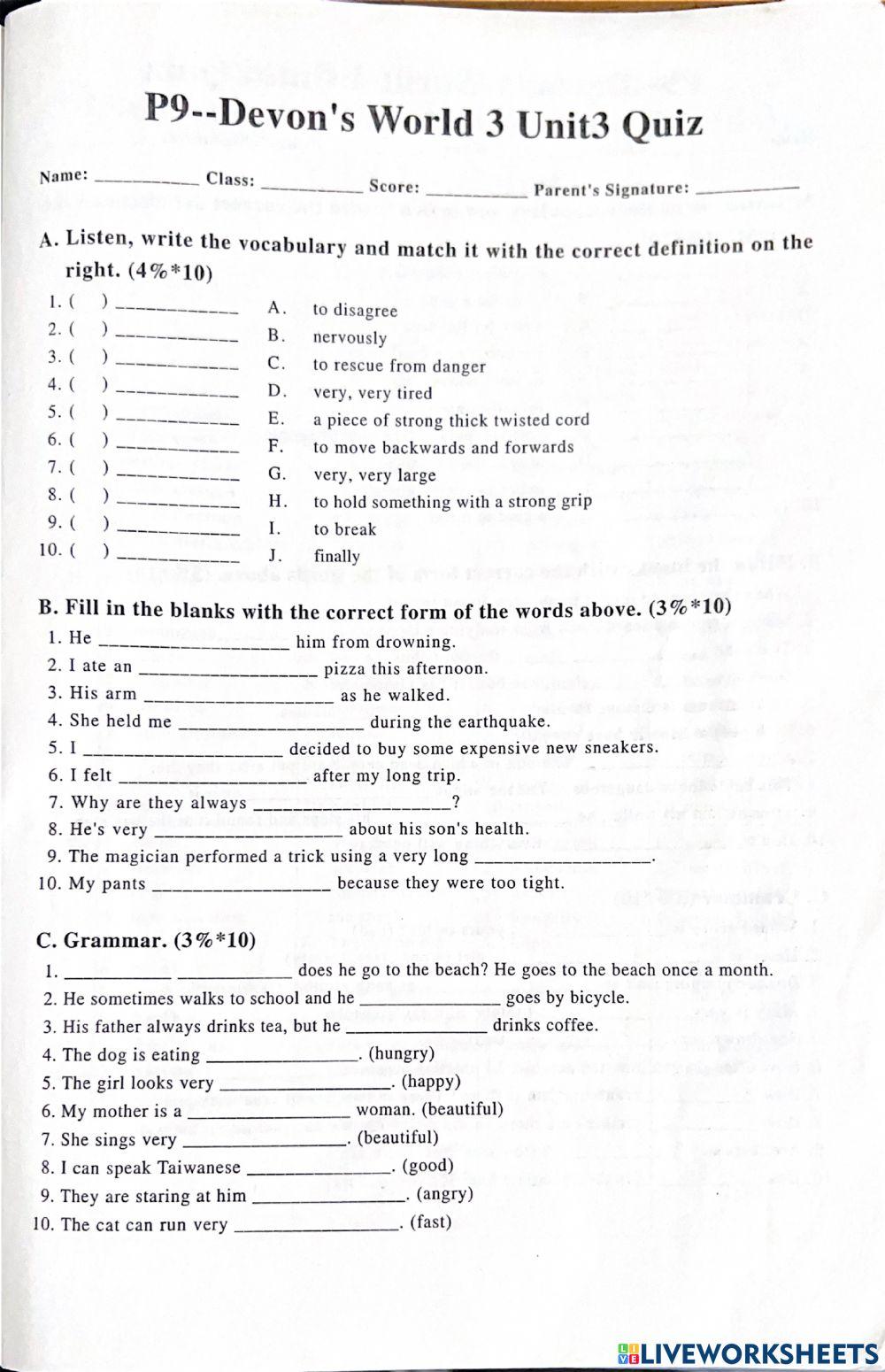 P9 unit 3 quiz online exercise for | Live Worksheets