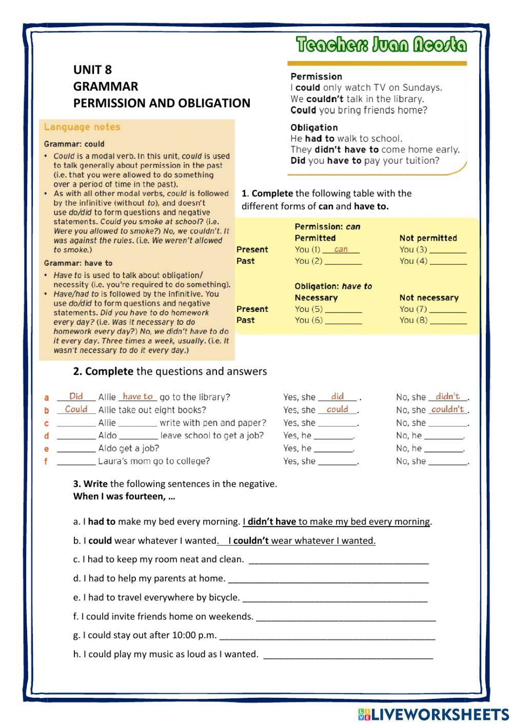 Permission and obligation worksheet | Live Worksheets