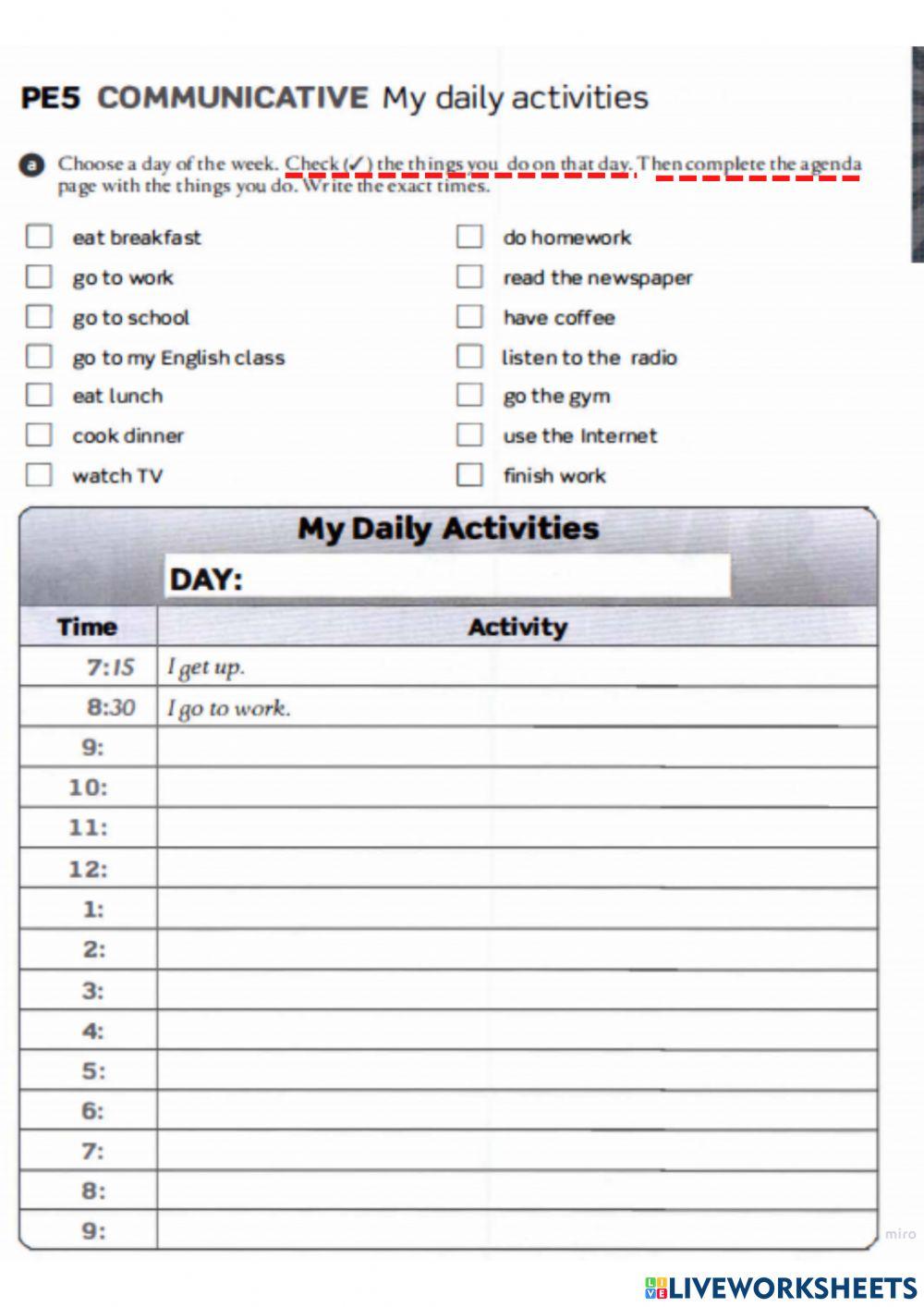 My Schedule online worksheet | Live Worksheets