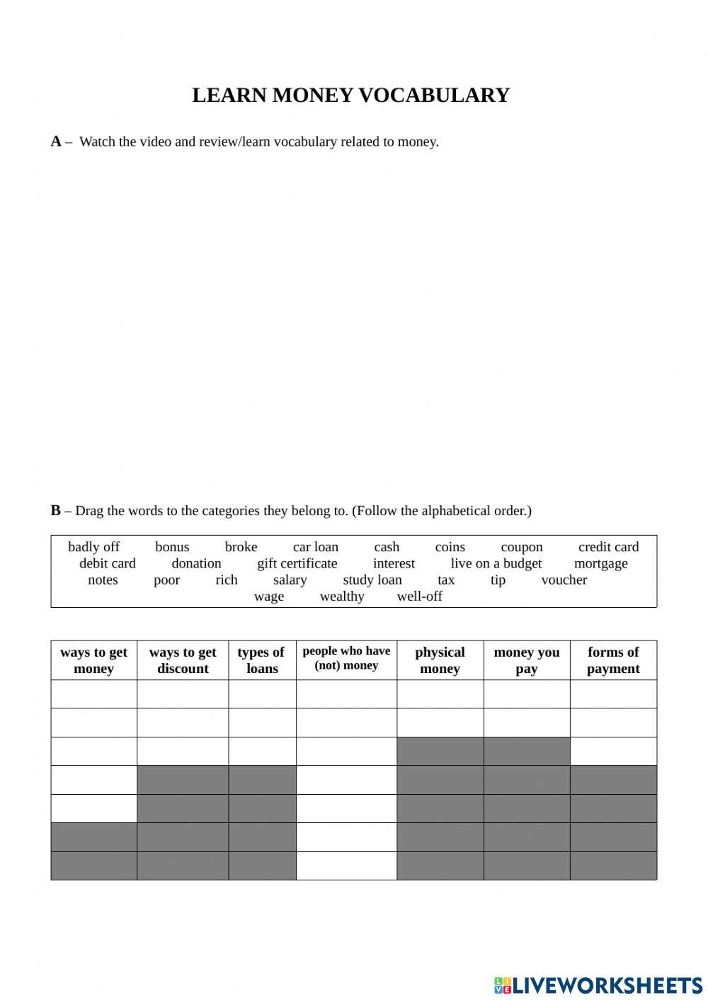 Learn Money Voc… | Free Interactive Worksheets | 2159948