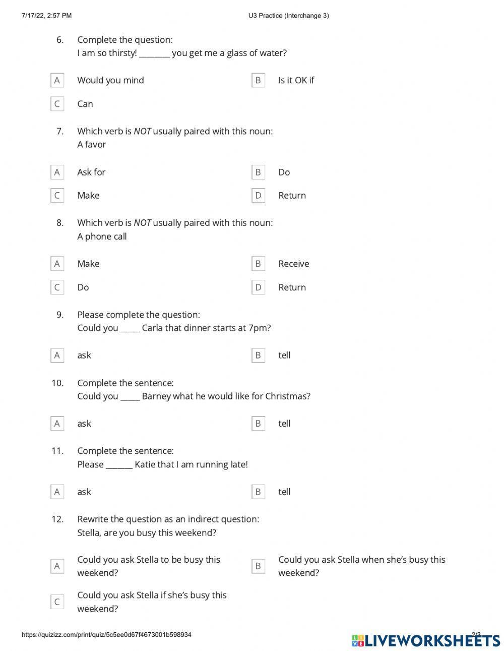 2096483 | Interchange level 3 quiz units 3 -4 | Andrès