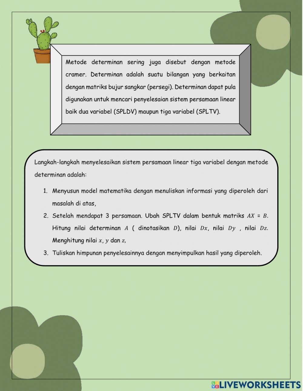 SPLTV Metode Determinan interactive worksheet | Live Worksheets