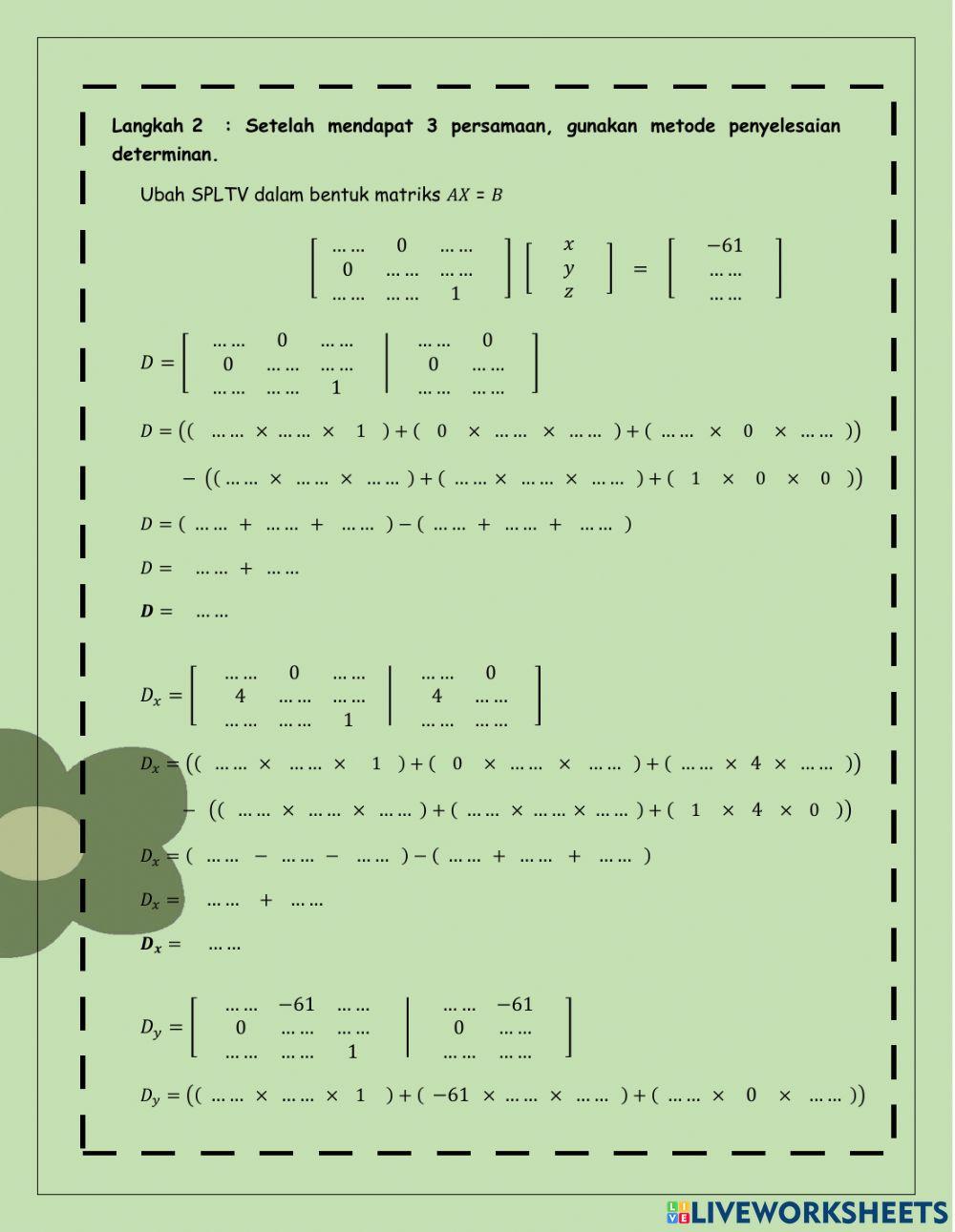 SPLTV Metode Determinan interactive worksheet | Live Worksheets