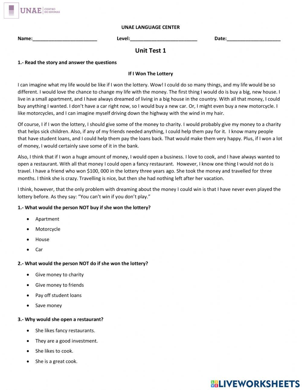 Unit Test Level 6 online exercise for | Live Worksheets