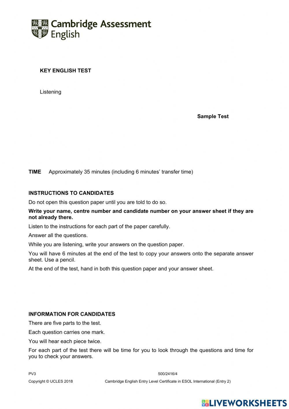 Cambridge KET E… | Free Interactive Worksheets | 6891437