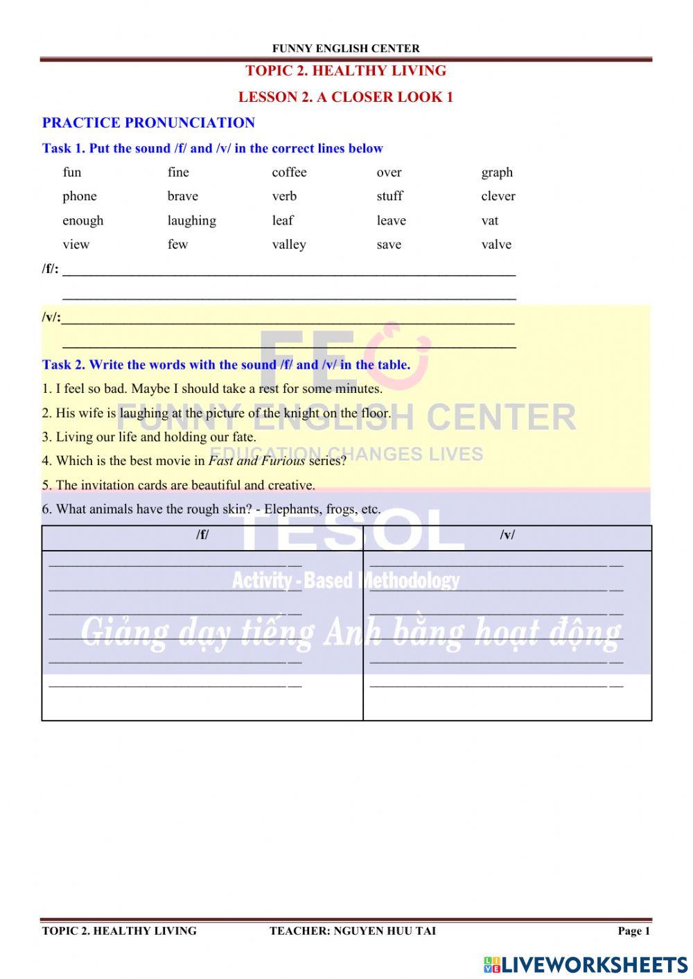 E.7-topic 2-a closer look 1-prac pronunciation worksheet | Live Worksheets