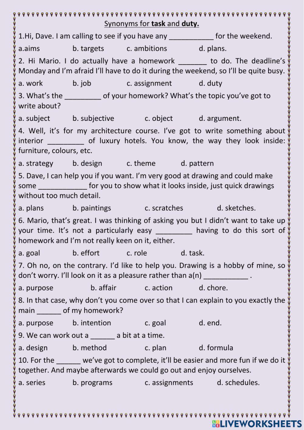 Synonyms Task vs Duty worksheet | Live Worksheets
