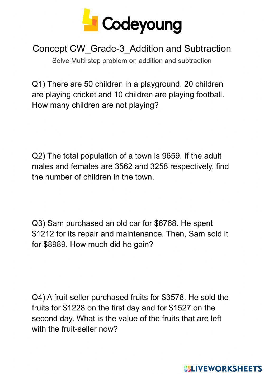 Addition and subtraction online exercise for 3 | Live Worksheets