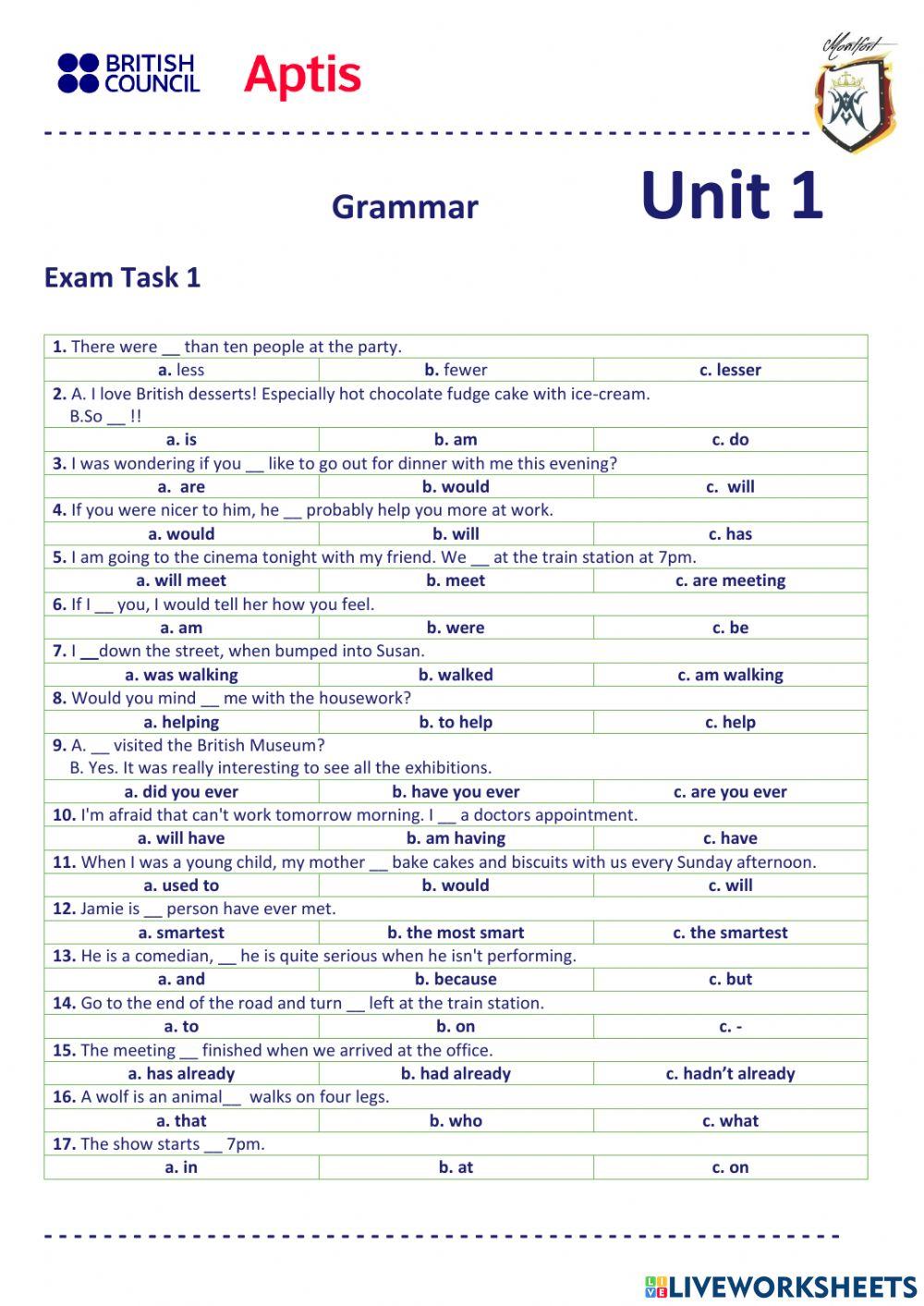 5349915 | APTIS GRAMMAR UNIT 1 | Montfort Educational