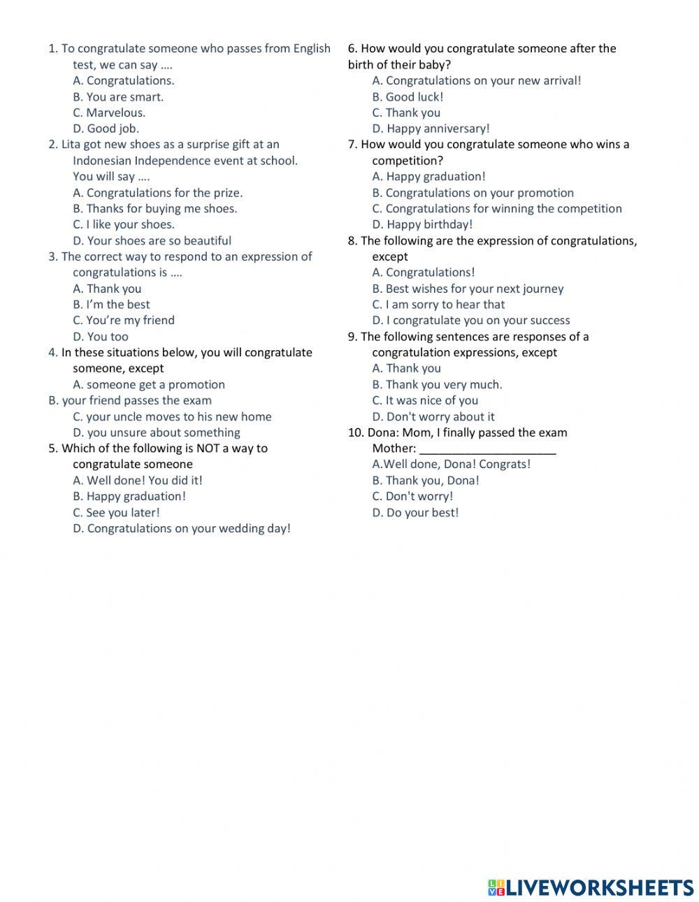 Congratulation exercise | Live Worksheets