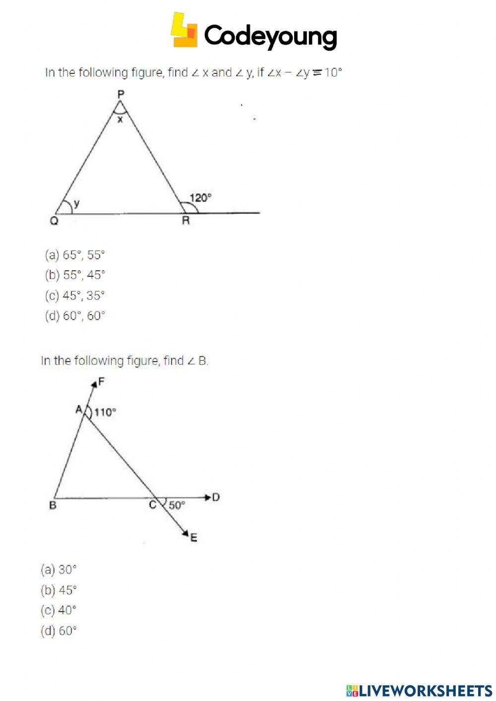 Angle Sum Property and Exterior Angle Property Concept CW worksheet | Live Worksheets