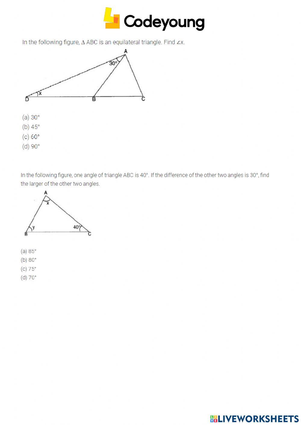 Angle Sum Property and Exterior Angle Property Concept CW worksheet ...