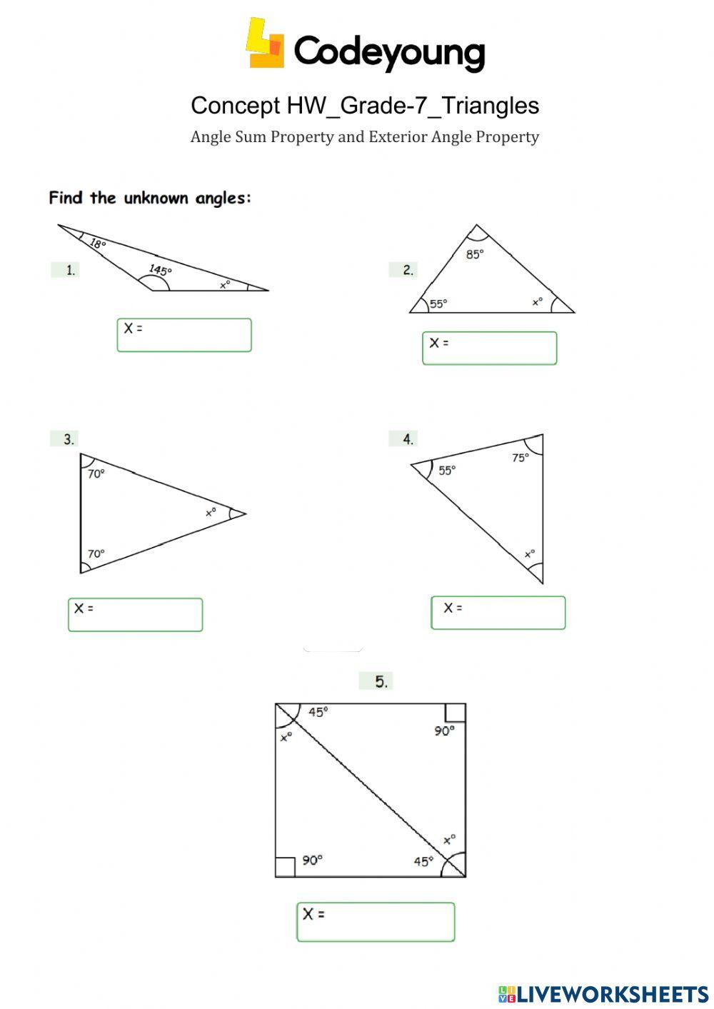 Angle Sum Property and Exterior Angle Property Concept HW worksheet ...