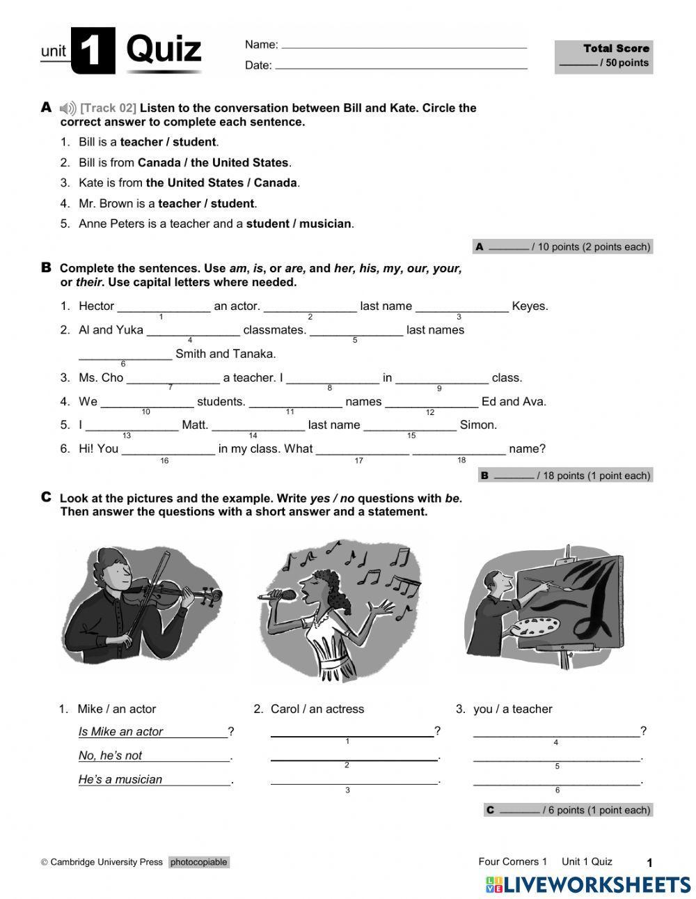 Beginner A Quiz 1 Unit 1 online exercise for Beginner | Live Worksheets