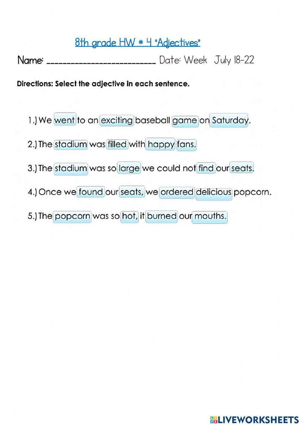 6892077 | 8th Grade Identifying Adjectives WS | Millicent