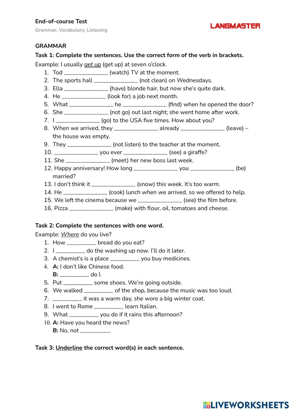 End of course Test - LV3 online exercise for | Live Worksheets