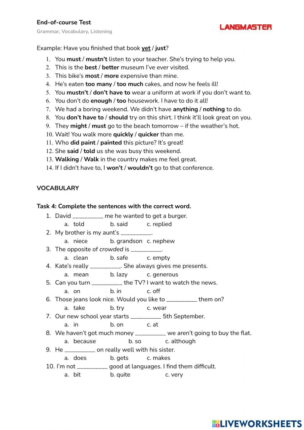 End of course Test - LV3 online exercise for | Live Worksheets
