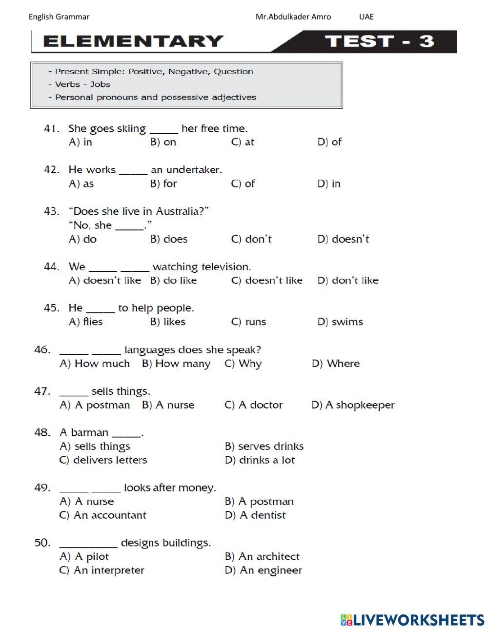 Elementary Test 3 Part 3 Grammar 2101134 | Abdulkader