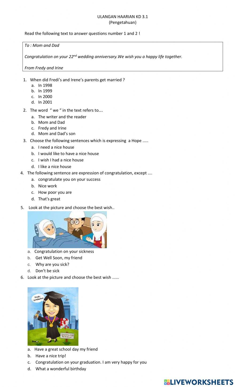 Kd 3.1, congratulation worksheet | Live Worksheets