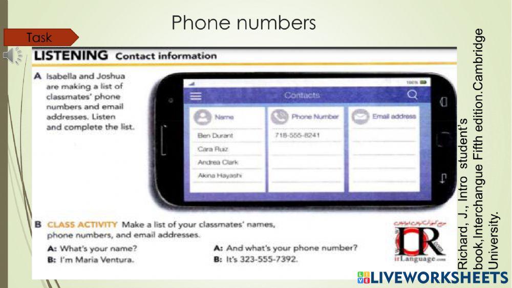 Phone numbers 2101373 | VIVALDI | Live Worksheets