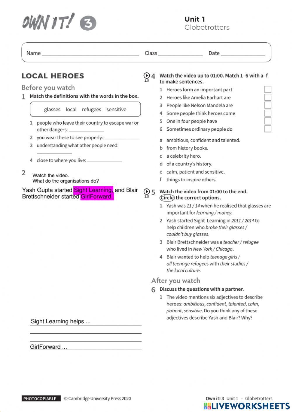 OWN IT 3 UNIT 1 GLOBETROTTERS online exercise for | Live Worksheets