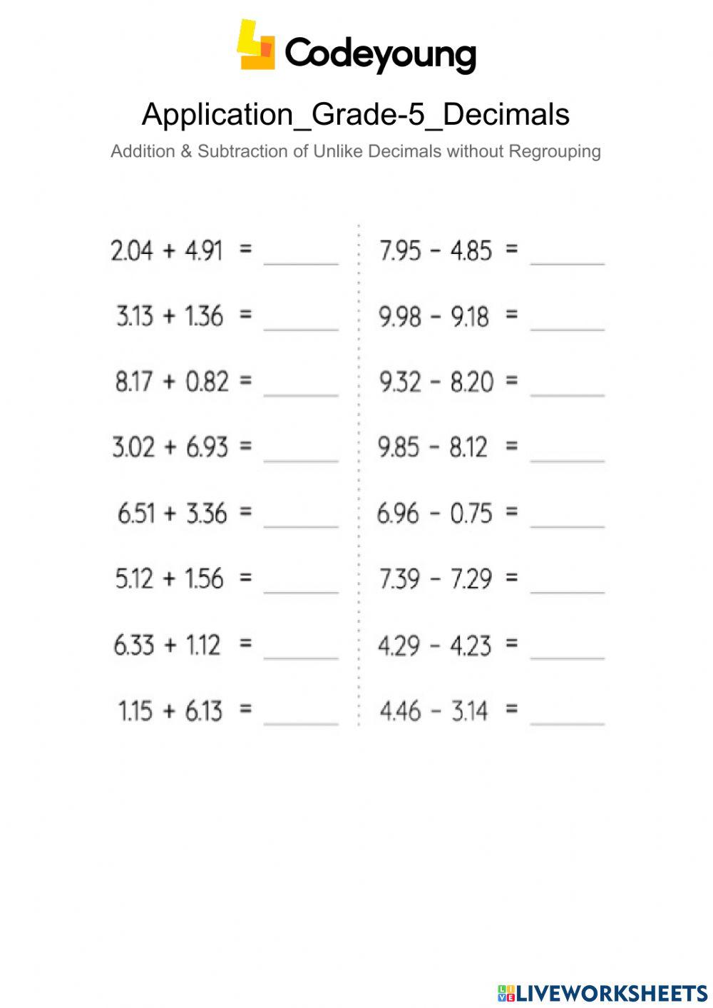 Application Addition And Subtraction Of Unlike Decimals Without