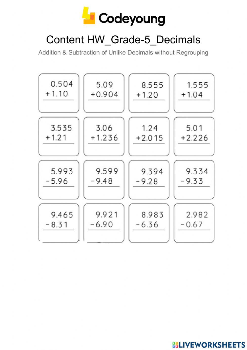 Content-HW-Addition & Subtraction of Unlike Decimals without Regrouping ...