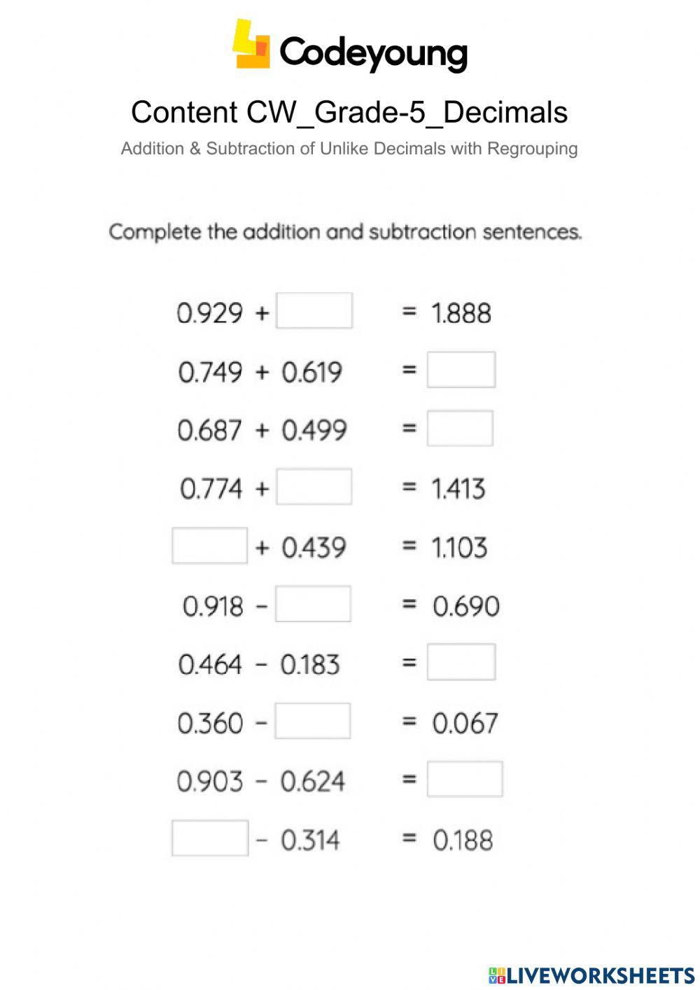 Content Cw Addition And Subtraction Of Unlike Decimals With Regrouping