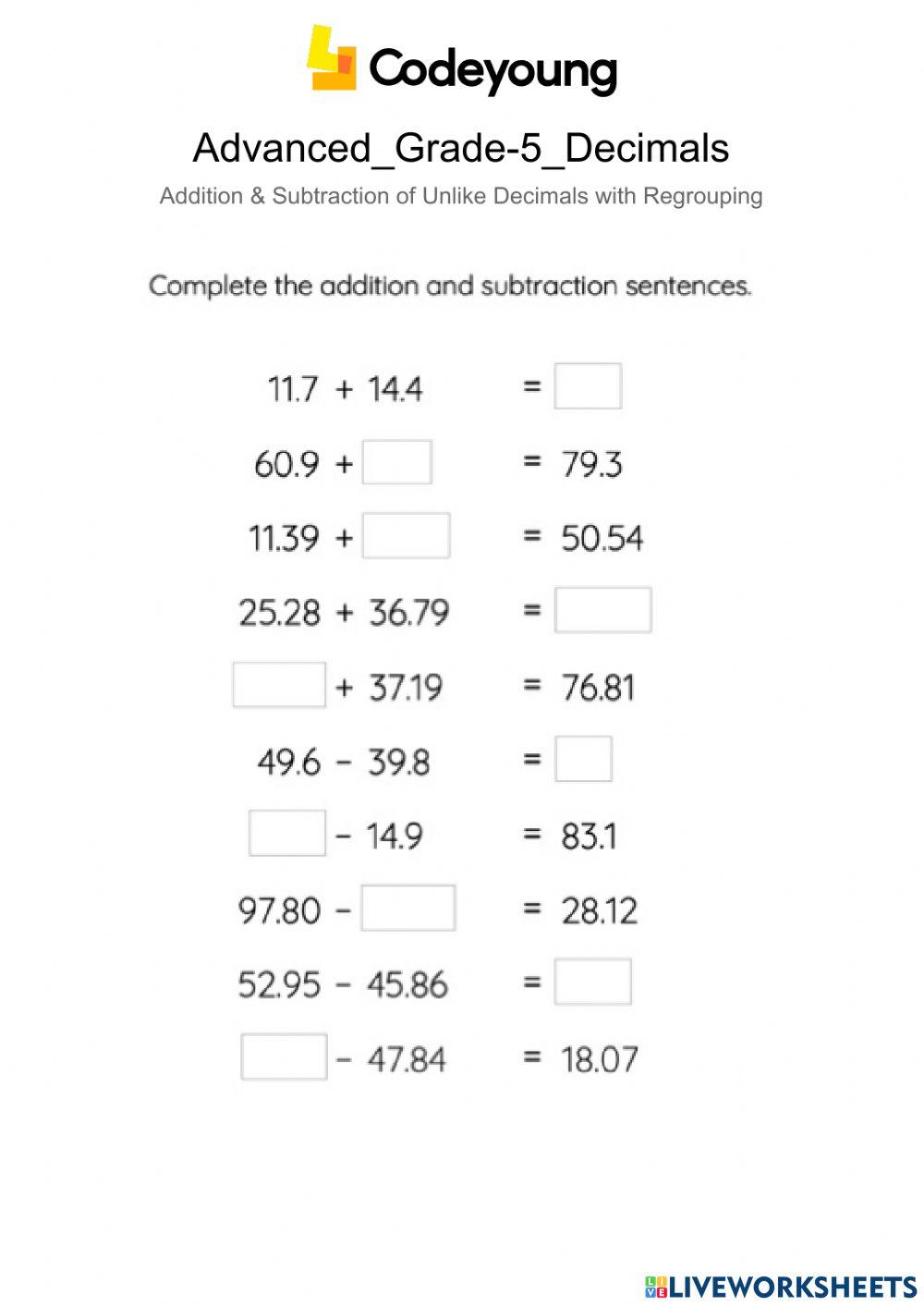 Advanced-Addition & Subtraction of Unlike Decimals with Regrouping ...