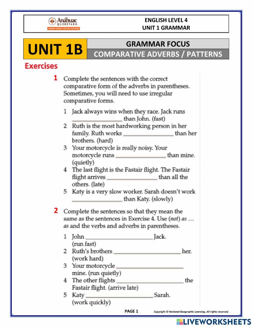 UNIT 1B GRAMMAR… | Free Interactive Worksheets | 6892494