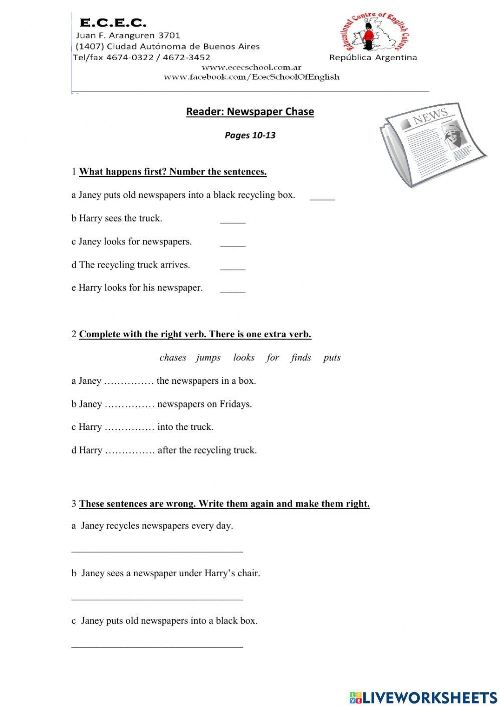 NEWSPAPER CHASE 1 activities PART 2 online exercise for | Live Worksheets