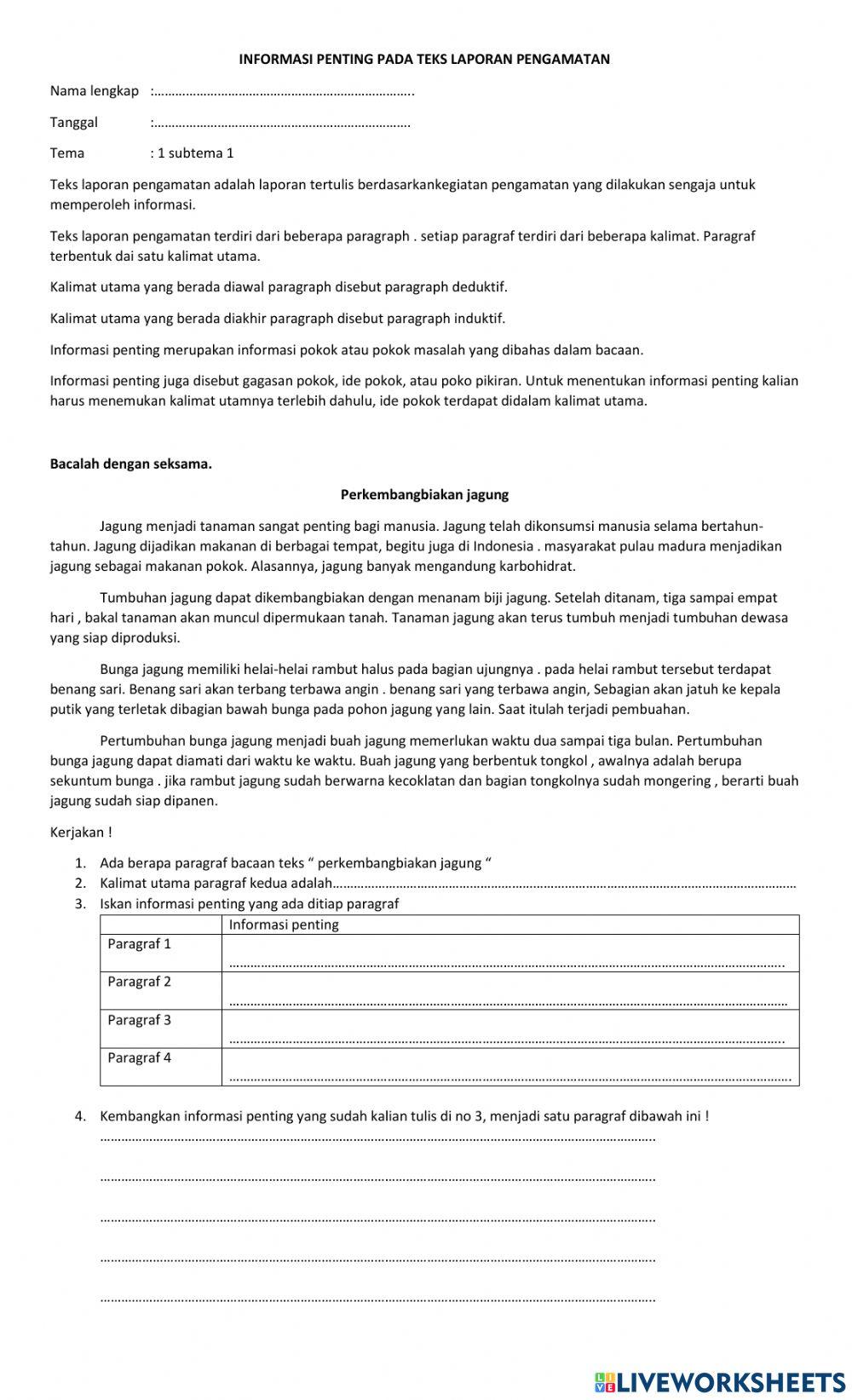 Informasi penting dalam Teks bacaan worksheet | Live Worksheets