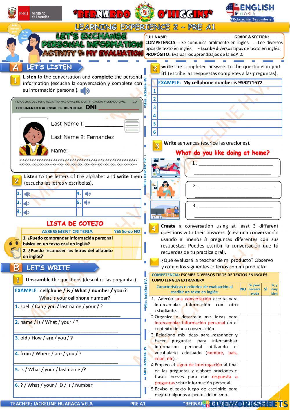 PRE A1 - EDA 2 - EXAM - LET'S EXCHANGE PERSONAL INFORMATION worksheet | Live Worksheets