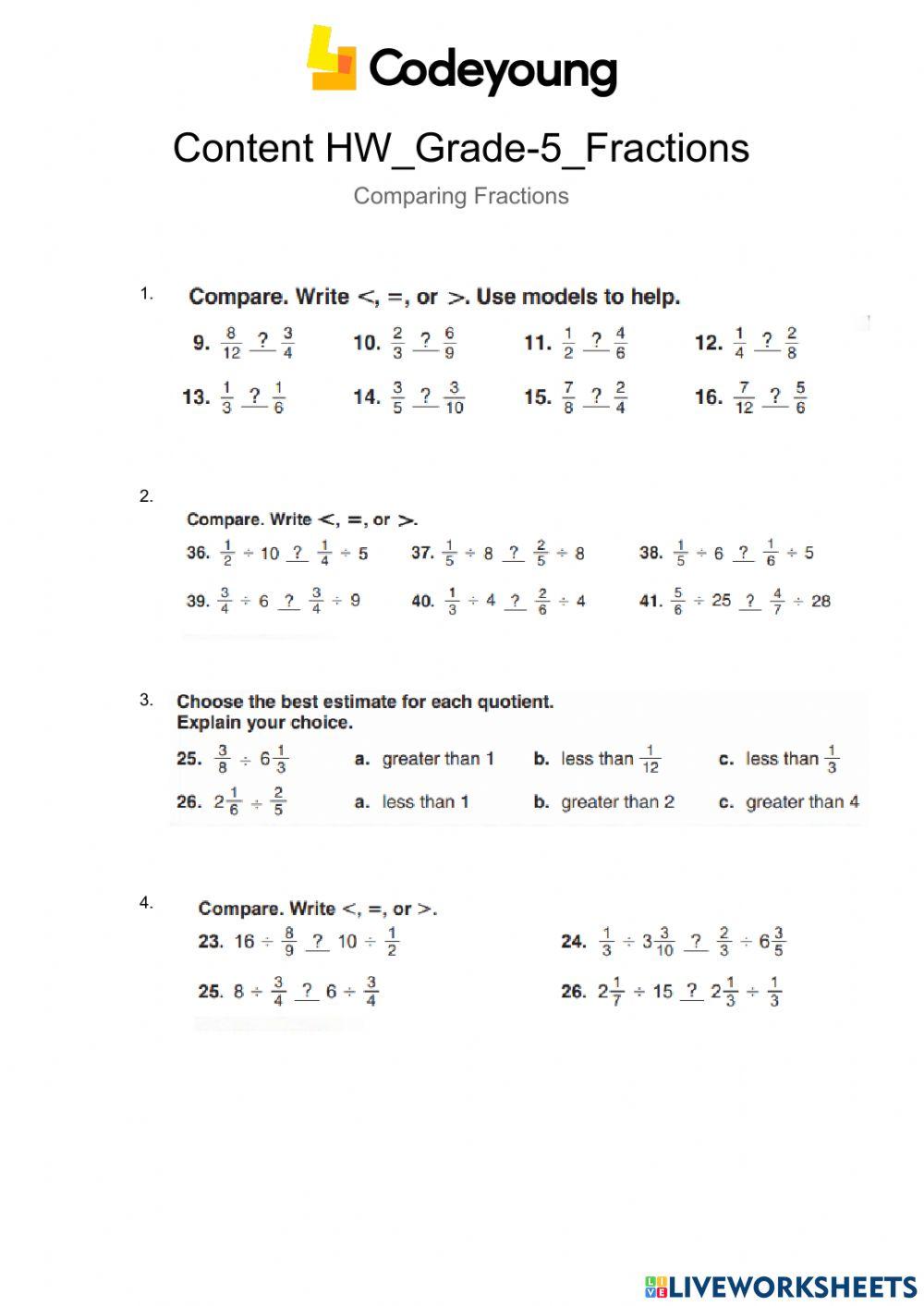 Content HW-Comparing Fractions worksheet | Live Worksheets