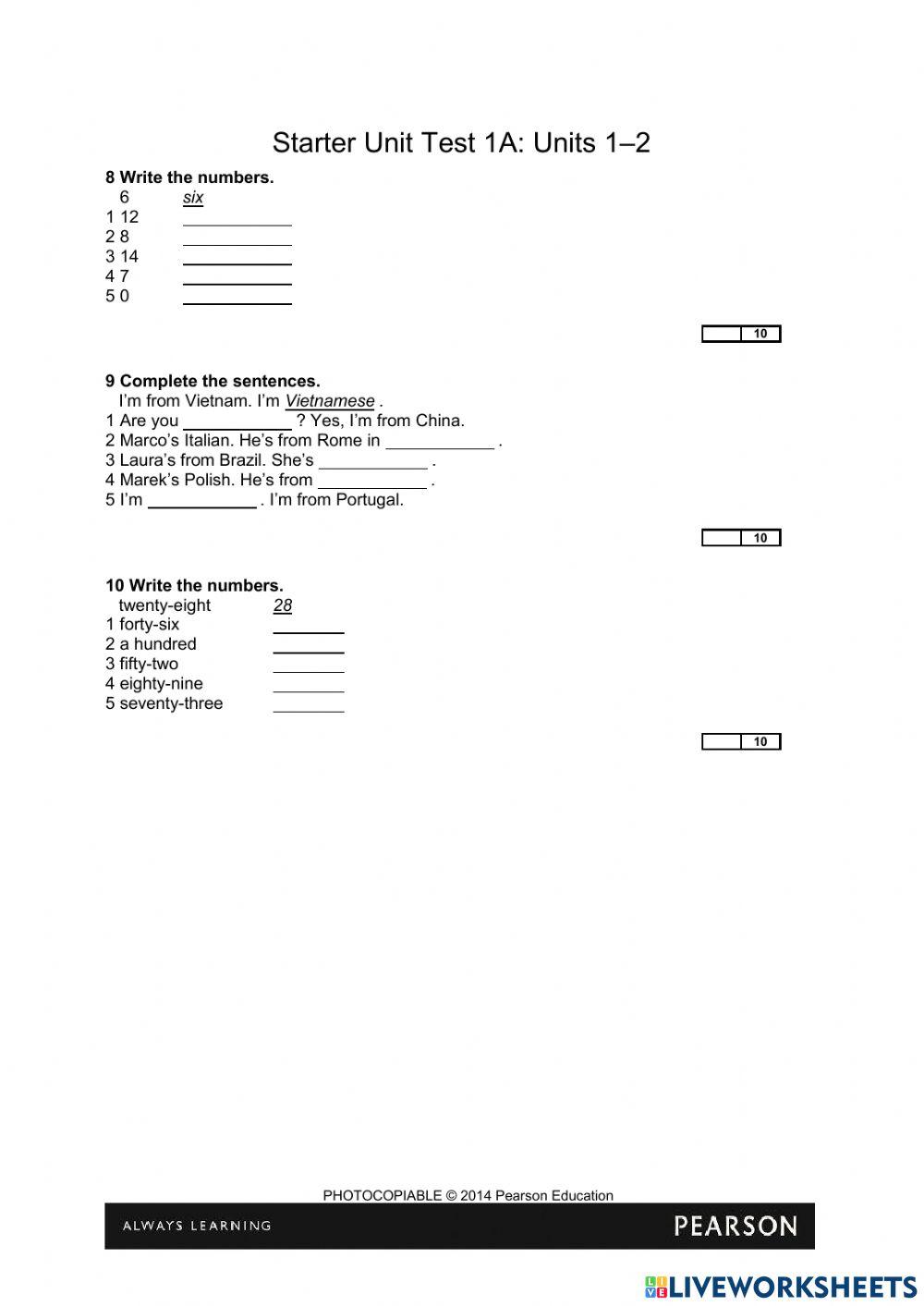 New cutting edge - starter - Test 1 online exercise for | Live Worksheets