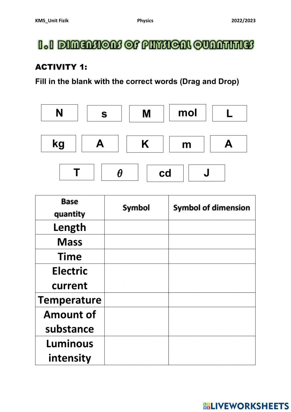 Physics 1.1 : Dimensions of physical quantities. 2405543