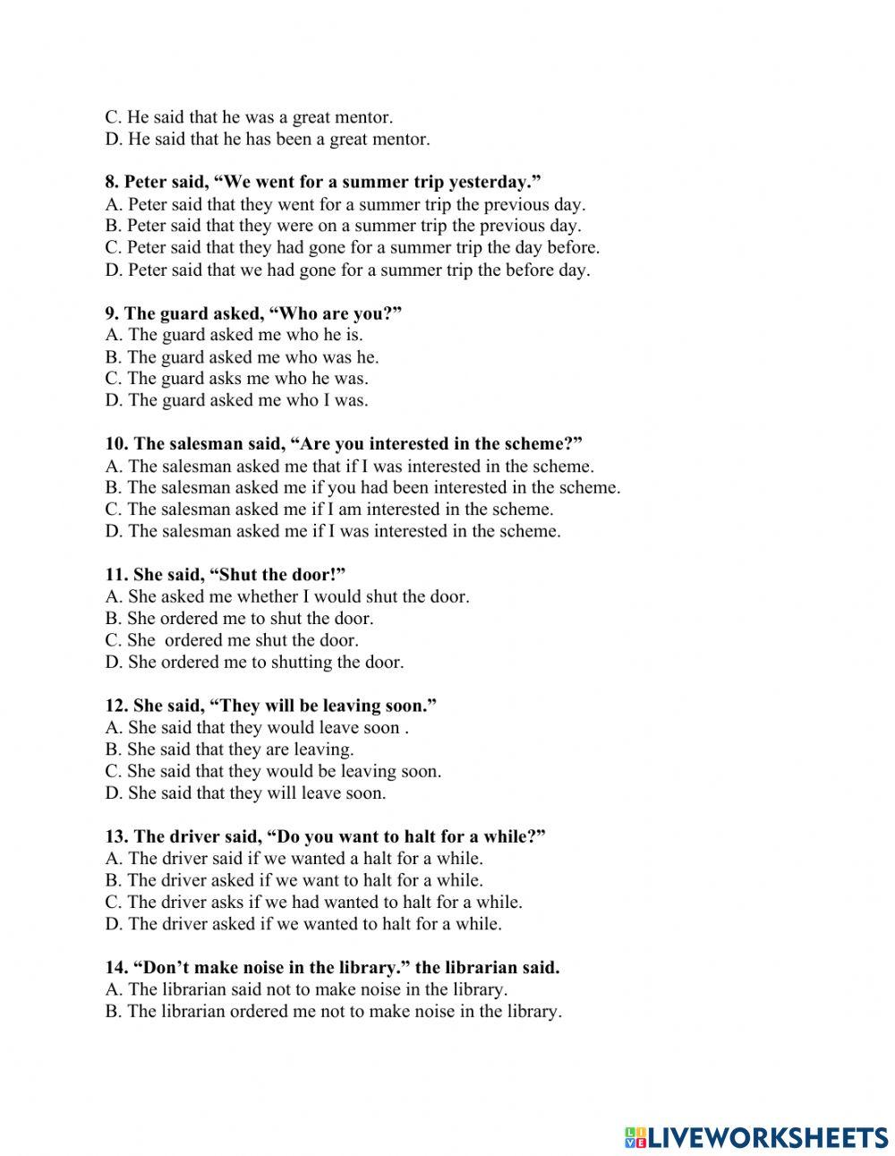 REPORTED SPEECH online exercise for | Live Worksheets