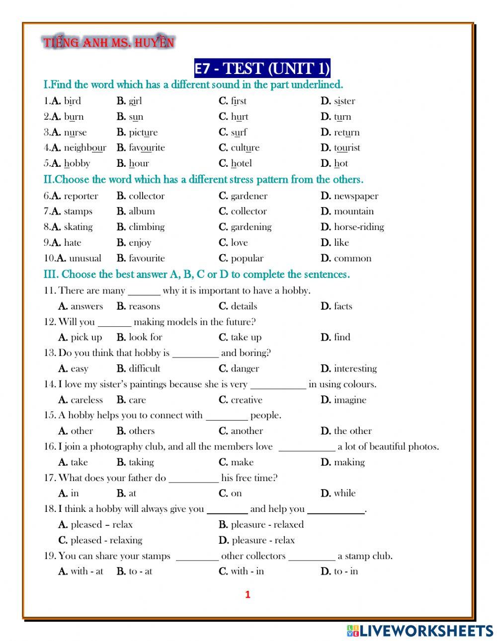 E7. unit 1 worksheet | Live Worksheets