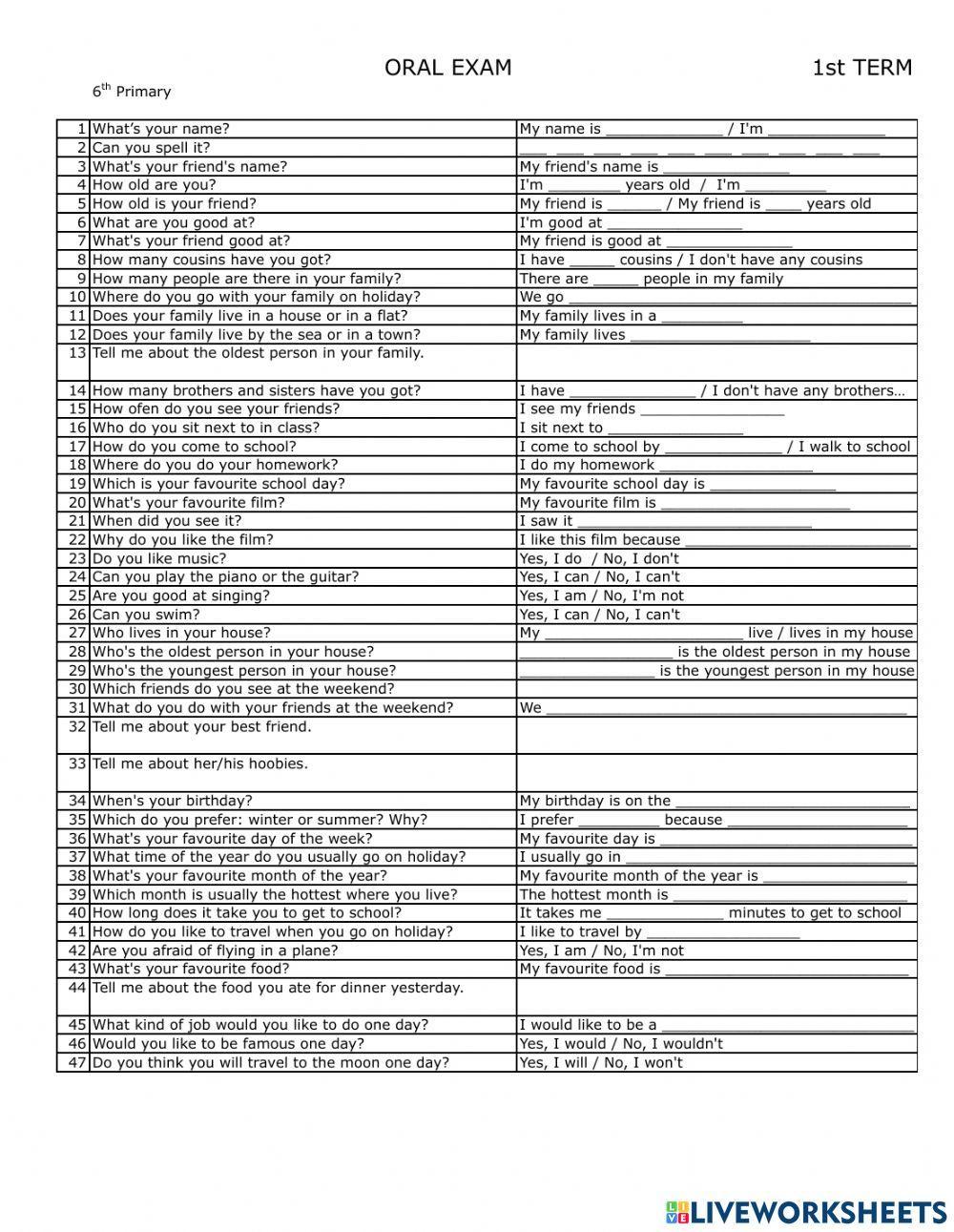 ORAL EXAM 1ST TERM 6TH 2144938 | English_6th | Live
