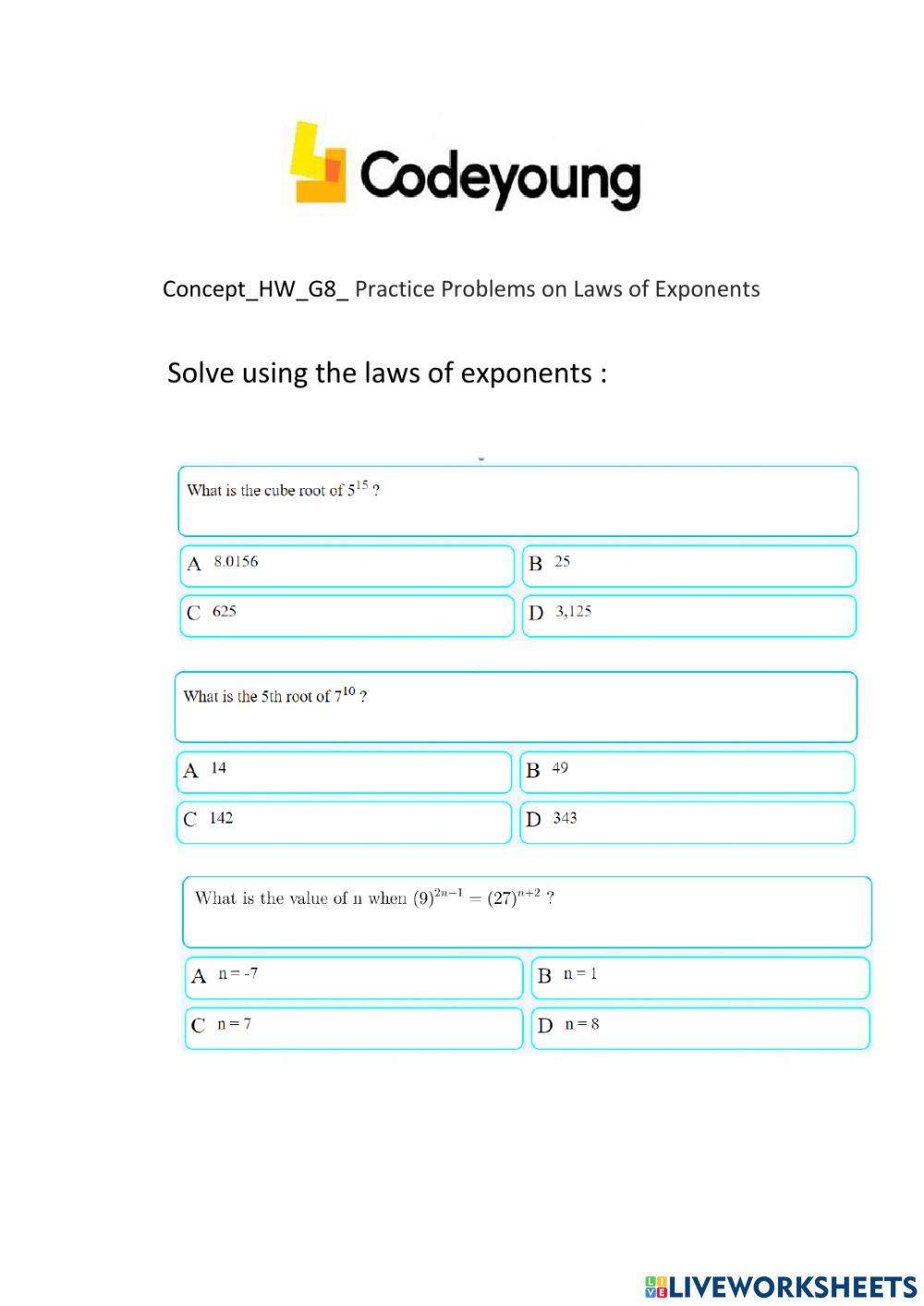 Concept-HW-G8- Practice Problems on Laws of Exponents worksheet | Live ...