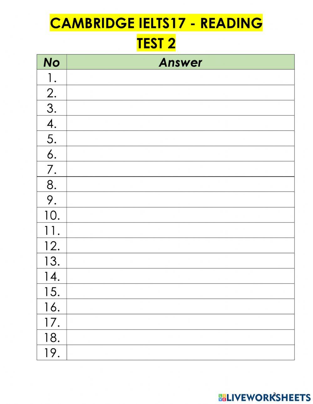 Cambridge 17-Reading-Test 02 worksheet | Live Worksheets
