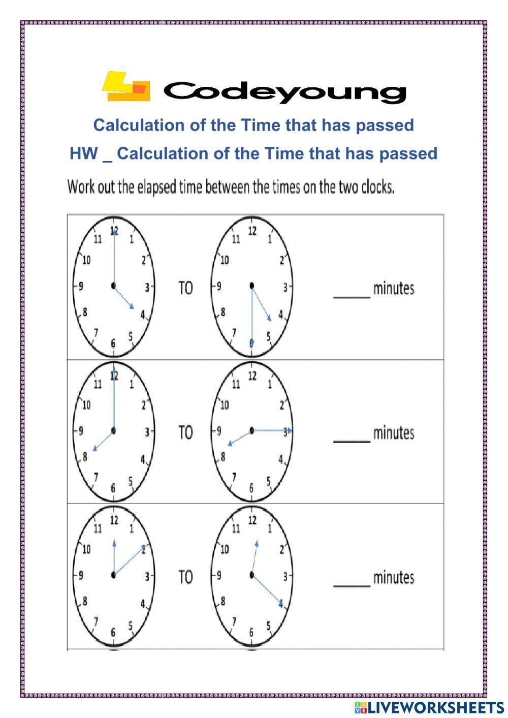 Calculation of the Time that has passed interactive worksheet | Live ...