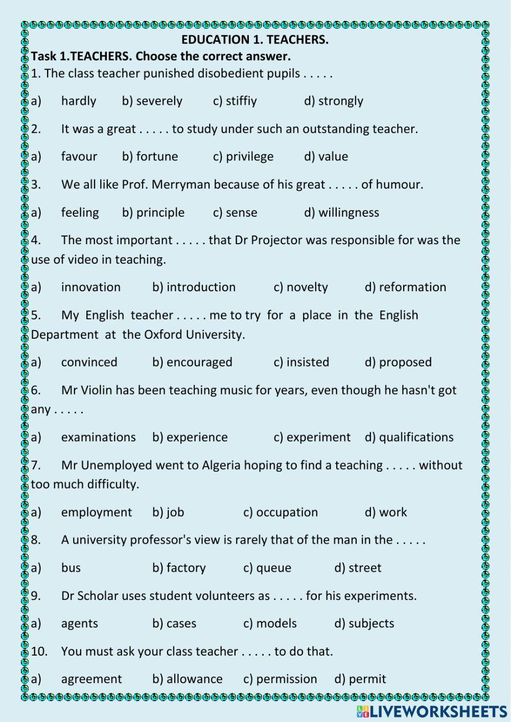 Education. Teachers. worksheet | Live Worksheets