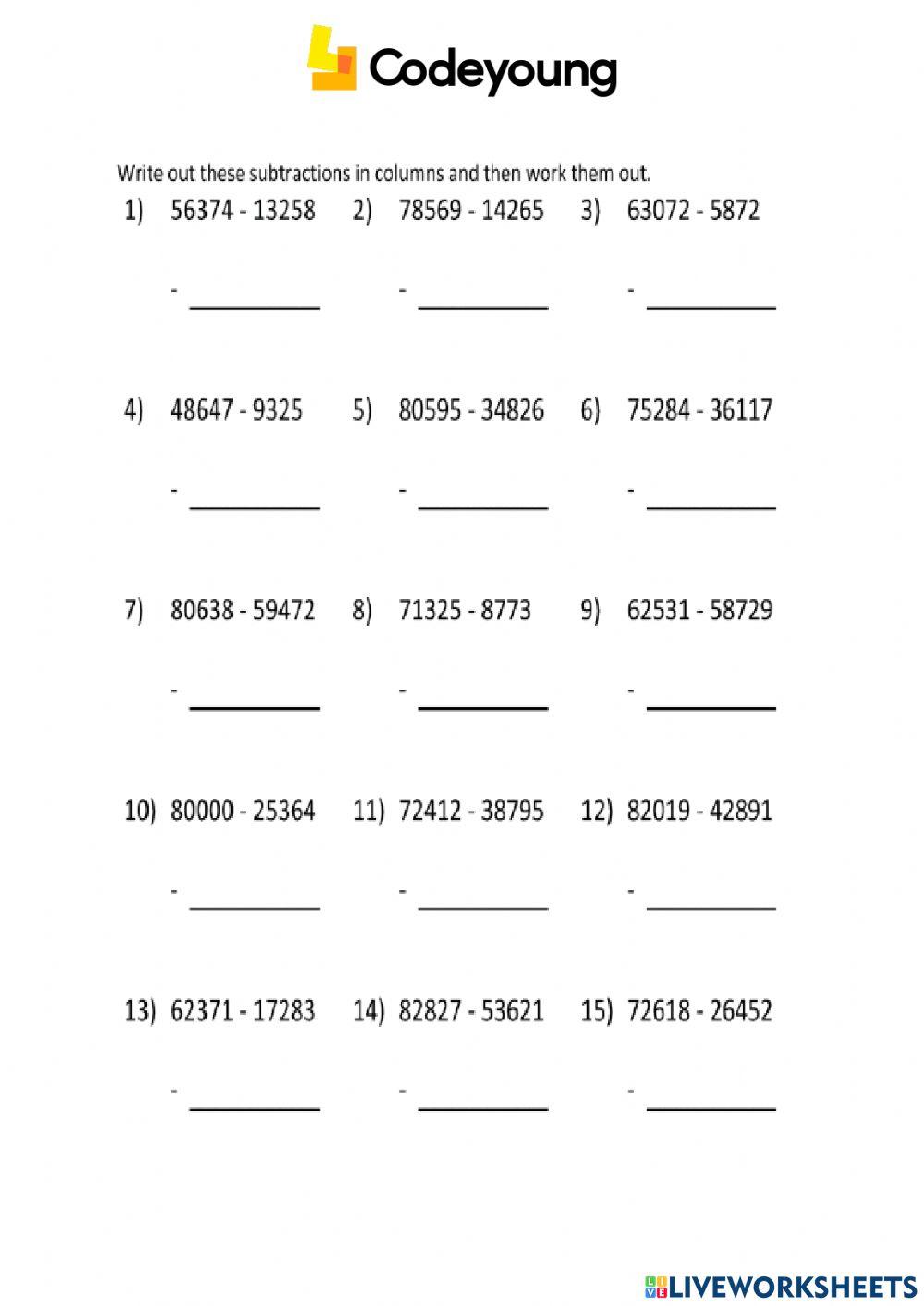 Content Cw Subtract Multi Digit Numbers Using Standard Algorithm 2 Worksheet Live Worksheets 3048