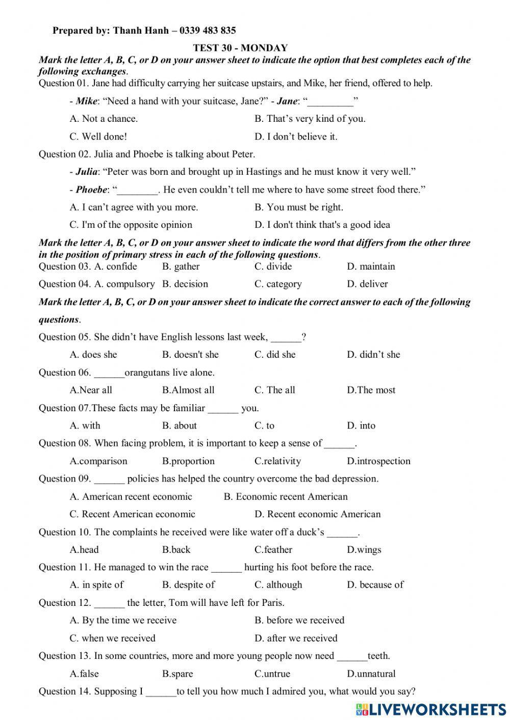 Test 30 t2 worksheet | Live Worksheets