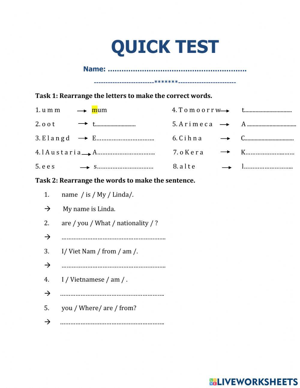 Unit 2 - Lesson 2 - Quick Test worksheet | Live Worksheets