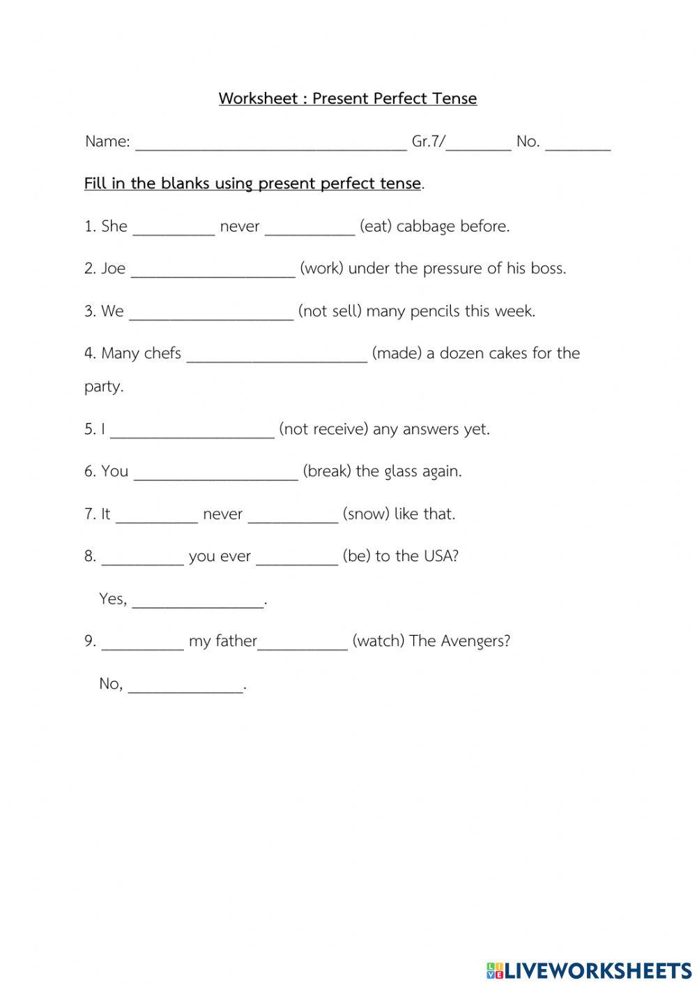 Gr.7 - Present Perfect Tense 3961234 | Taffy_Tetsunoshin